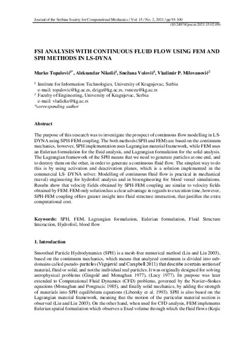 Pdf Continuous Fluid Flow Modelling In Ls Dyna Via Sph Fem