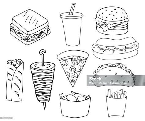 벡터로 설정된 패스트푸드 낙서 아이콘입니다 벡터로 설정된 손으로 그린 패스트 푸드 일러스트레이션 벡터의 낙서 패스트 푸드 일러스트 컬렉션 감자 요리에 대한 스톡 벡터 아트