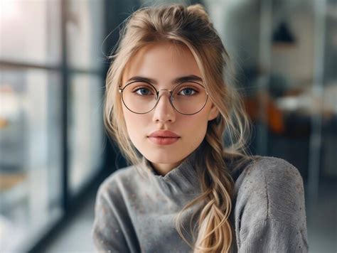 A Beautiful Woman Wearing Glasses In An Office Premium Ai Generated Image