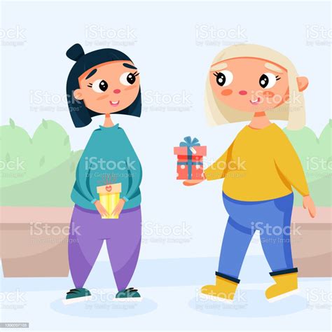 자매 나 여자 친구는 휴일을 위해 서로에게 선물을 줍니다 낮에 대한 스톡 벡터 아트 및 기타 이미지 낮 놀라움 데이트