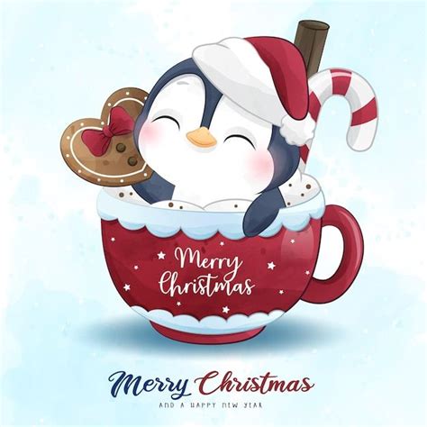 Adorable Pingüino Navideño Con Ilustración En Acuarela Vector Premium