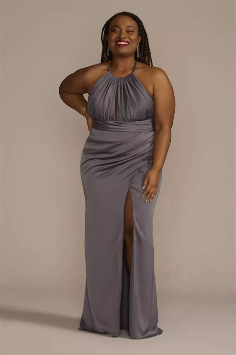 Chain Halter Satin Keyhole Sheath Dress Davids Bridal