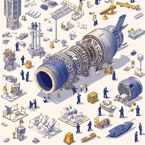 An Isometric Illustration Of A Large Industrial Engine Being Assembled By Many Small Workers