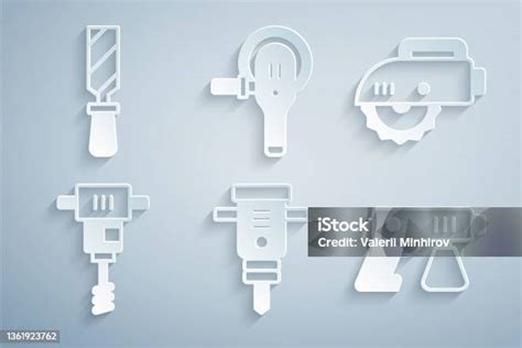 세트 건설 잭해머 전기 원형 톱 전기 손 콘크리트 믹서 페인트 스프레이 건 앵글 그라인더와 래스프 금속 파일 아이콘 벡터 3차원 형태에 대한 스톡 벡터 아트 및 기타 이미지