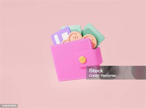 3d 절약 돈 개념 지갑 동전 지폐 및 분홍색 Backgroundonline 지불 은행 금융 투자 돈 지갑 디지털 지갑 캐쉬백에