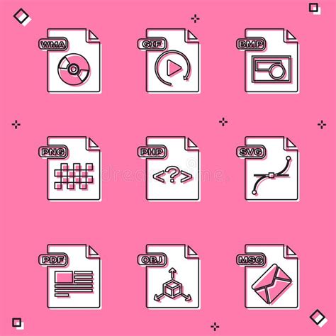 Set Wma File Document Bmp Png Php Svg Pdf E Icono Obj Vector Ilustración del Vector