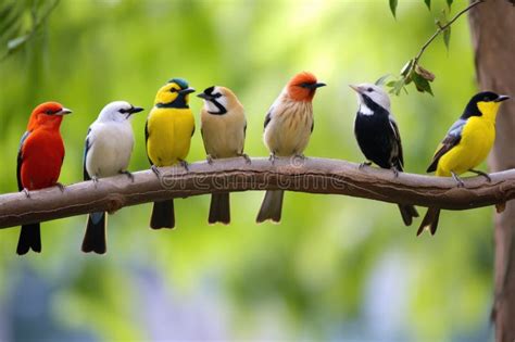 Different Species Of Birds Perched On The Same Tree Branch Stock Image