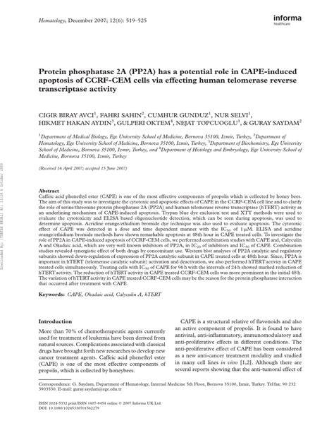 Pdf Protein Phosphatase 2a Pp2a Has A Potential Role In Cape