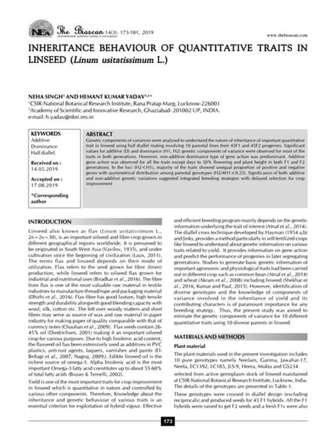 Inheritance Behaviour Of Quantitative Traits In Linseed Linum