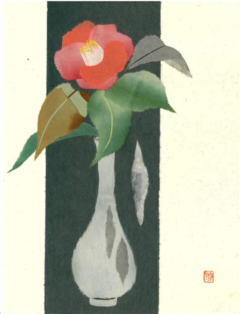 作品番号 669 椿 の一輪挿し 貼り絵 絵手紙の杜 Gallery of Watercolor on Postcard