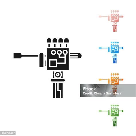 흰색 배경에 격리 된 검은 색 기계 로봇 손과 드라이버 도구 아이콘 로봇 팔 기호입니다 기술 개념 다채로운 아이콘을 설정합니다