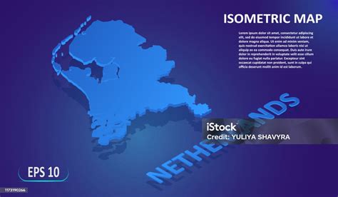 네덜란드의 아이소메트릭 맵입니다 파란색 배경에 국가의 양식에 일치시키는 평면지도 텍스트 또는 설명을위한 장소와 현대 아이소메트릭 3d 위치지도 인포그래픽을 위한 3d 개념