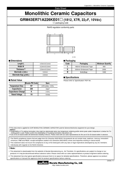 Grm43er71a226ke01l Datasheet Pdf Murata