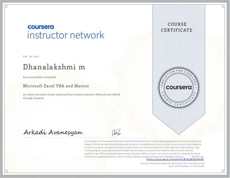 Excel Vba Automation Lifelonglearning Coursera Skillbuilding Dhanalakshmi M