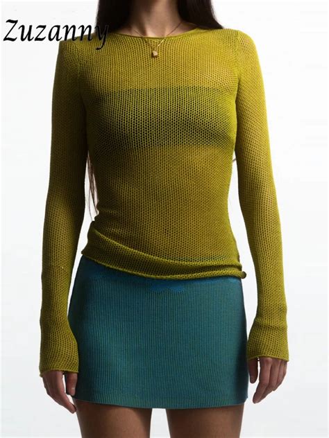 Zuzanny Mesh Knitted Long Sleeve Top Womens Sexy Hollow Out See