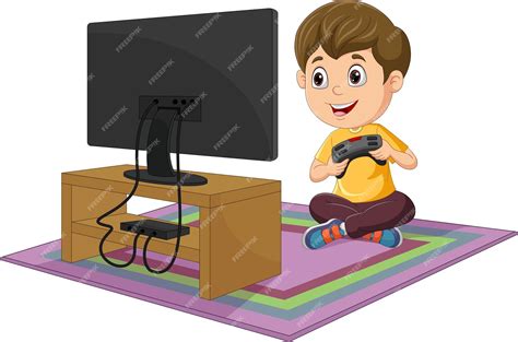 Dessin Animé Petit Garçon Jouant Au Jeu Vidéo Vecteur Premium