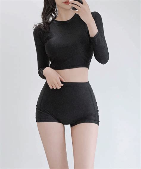 스포아 크롭 하이웨스트 래쉬가드 수영복 세트 에이블리