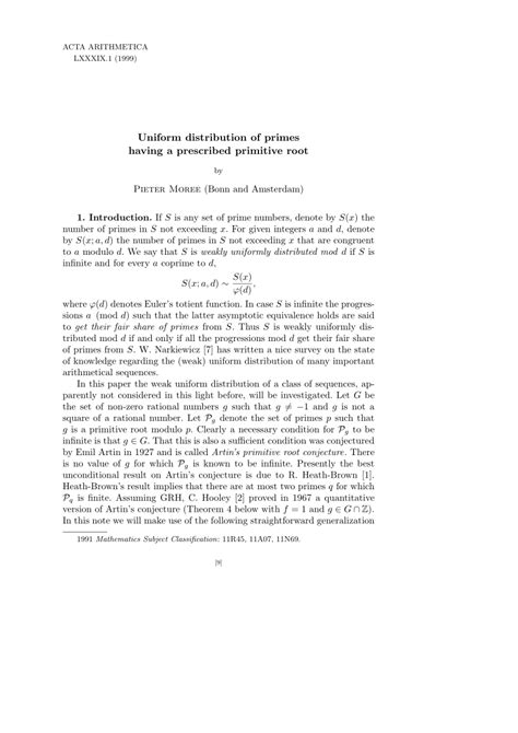 pdf uniform distribution of primes having a prescribed primitive root