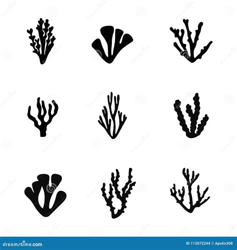 Seaweed Sea Black Silhouette Vector Set Isolated Stock Vector