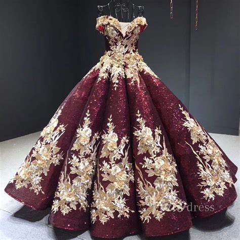 Burgundy Gold Vintage Princess Ball Gowns Sparkly Long Prom Dresses