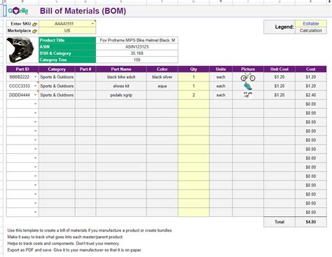 Build Of Materials Excel Template