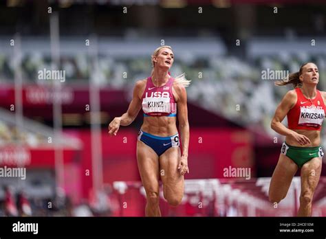 Annie Kunz Participating In The 100 Meter Hurdles Of The Heptathlon At