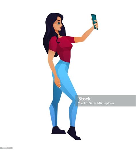 예쁜 소녀는 휴대 전화에 셀카를 복용 갈색 머리 여자 서 서 화상 통화로 이야기 벡터 그림입니다 셀카에 대한 스톡 벡터 아트 및