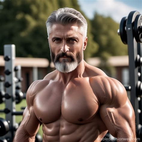 Bodybuilder Gray Haired Fully Thick Bearded Vincent Regan Showing Off