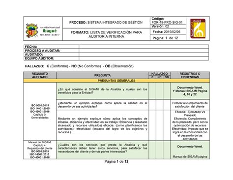 DOC LISTA DE VERIFICACION DE ISO INTEGRAL PARA LAS ISO ISO