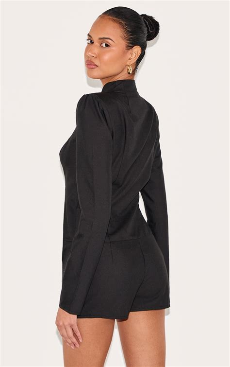 Black Woven Scoop Neck Button Detail Playsuit Jumpsuits And Playsuits