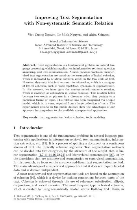 Pdf Improving Text Segmentation With Non Systematic Semantic Relation