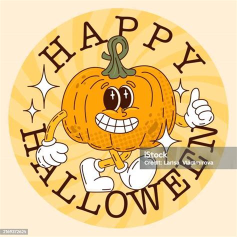 해피 할로윈 포스터 메달 모양 호박 캐릭터 모든 성도의 즐거운 가을 휴일 그루비 스타일 프린트 고립 된 벡터 일러스트 레이 션 10월에 대한 스톡 벡터 아트 및 기타 이미지