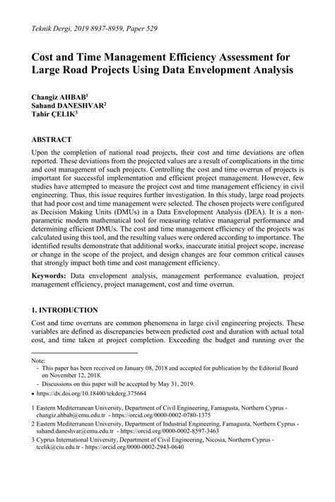 Pdf Cost And Time Management Efficiency Assessment For Large Road Projects Using Data