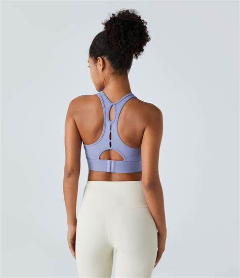 Womens Medium Support Backless Racerback Cut Out Adjustable Buckle Running Sports Bra Halara