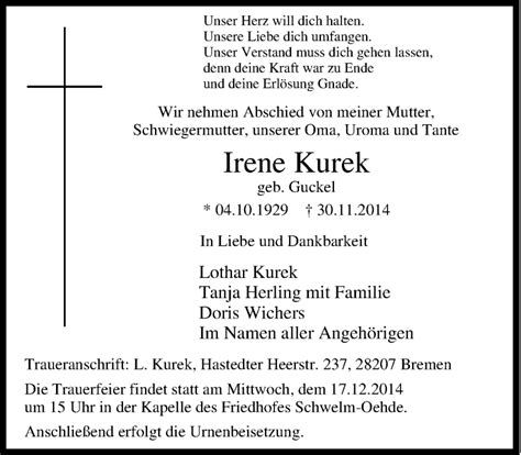 Traueranzeigen Von Irene Kurek Trauer In Nrw De