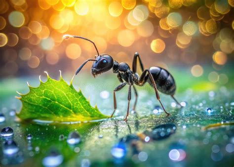 A Tiny Black Ant On A Glistening Dewkissed Leaf A Macro Photography