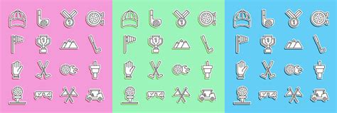 세트 라인 골프 자동차 티 클럽 메달 골프 수상 컵 플래그 야구 모자와 산 아이콘 벡터 개인 장식품에 대한 스톡 벡터 아트 및 기타 이미지 Istock