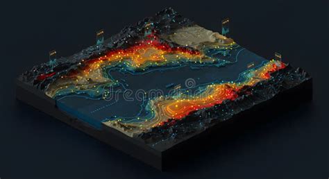 Isometric 3d Visualization Of Topographical Data With Heatmap Overlay Illustrating Terrain And