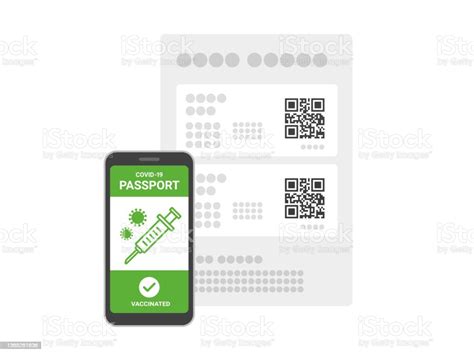 새로운 코로나 예방 접종 증명서와 백신 여권을 표시하는 스마트 폰의 그림 Brand Name Smart Phone에 대한 스톡