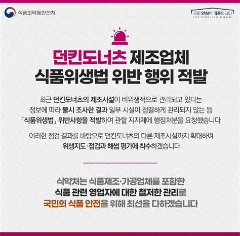 식품의약품안전처 on Twitter 던킨도너츠 제조업체 식품위생법 위반 행위 적발 식약처는 식품제조가공업체를 포함한 식품 관련 영업자에 대한 철저한 관리로