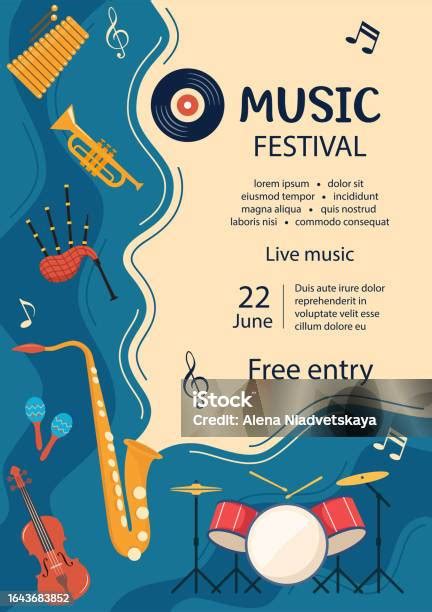 음악 축제 초대 악기 바이올린 첼로 드럼 심벌즈 색소폰 백파이프 벡터 그림입니다 탬버린에 대한 스톡 벡터 아트 및 기타 이미지