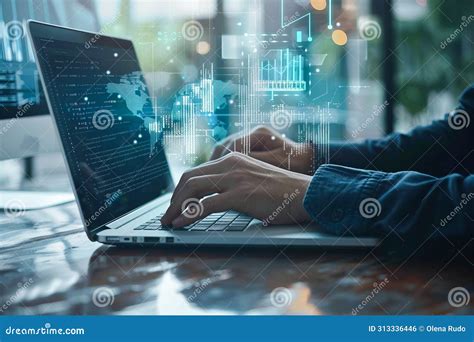 Professional Working On Laptop With Digital Data Visualization Overlay