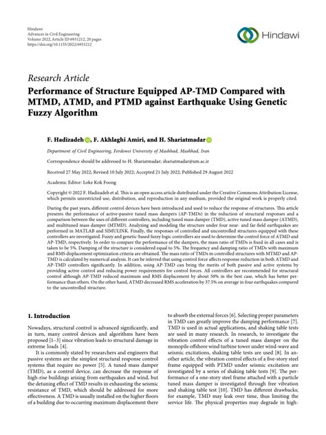Pdf Performance Of Structure Equipped Ap Tmd Compared With Mtmd Atmd And Ptmd Against