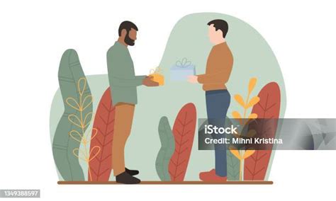 남자는 남자에게 선물을 준다 선물 상자를 들고 있는 남자 친구 생일 새로운 크리스마스 벡터 파티 컨셉을 축하하는 젊은 남자들 개념에 대한 스톡 벡터 아트 및 기타 이미지