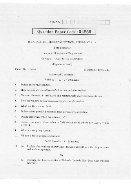 Anna University CS 6504 Computer Graphics For Computer Science And