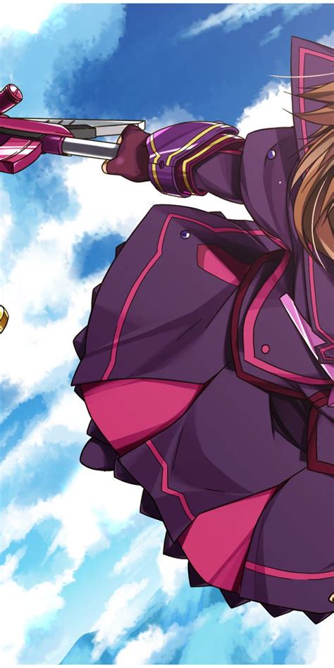 Завантажити шпалери на робочий стіл ПК Аніме Зброя Рукавичка Сукня Блакитні Очі Каштанове