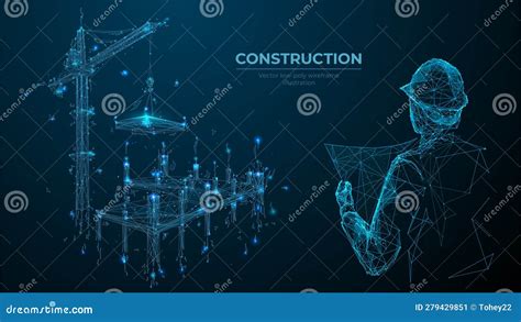 Architect Holding Blueprints Crane Constructing House Stock Vector