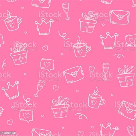 생일 완벽 한 패턴입니다 파티 장식 아이템 생일 크림 케이크 선물 상자 화환 파티 어린이를 위한 휴일 축제를 위한 손으로 그린 배경 벡터 만화 그림입니다 공휴일에 대한 스톡