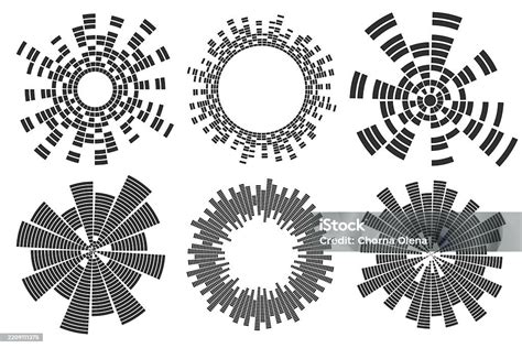 원형 음파 방사형 음악 이퀄라이저 패턴입니다 원형 벡터 스펙트럼 그래픽입니다 흰색 배경에 둥근 추상 그래픽 비트 주파수 음성 효과 Dj에 대한 스톡 벡터 아트 및 기타