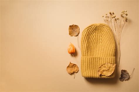 베이지 색 배경에 노란색 니트 비니 모자와 마른 단풍 의류 쇼핑 및 매장의 계절 판매의 개념 평평한 평지 복사 공간 10월에